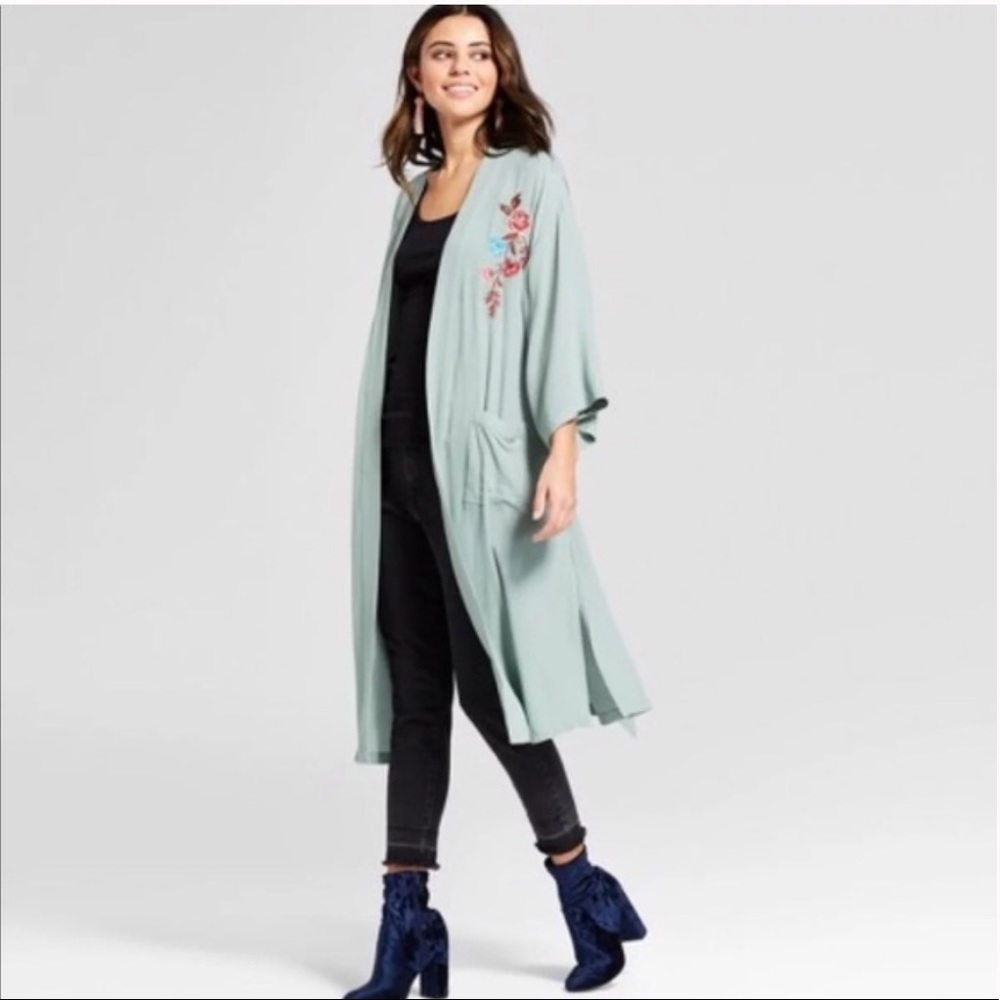 Xhiliration Floral Embroidered Duster Kimono - Gem